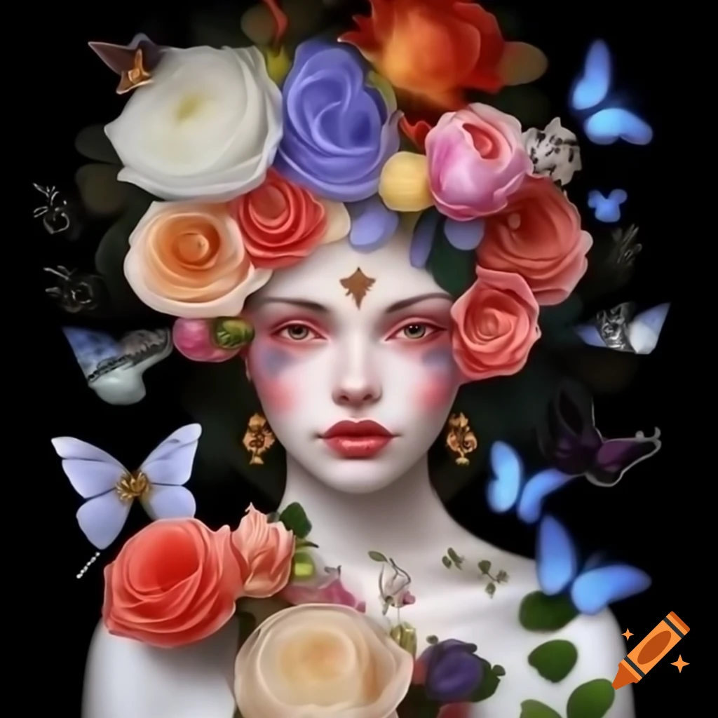 Illustration of a goddess surrounded by roses, flowers, fruit ...