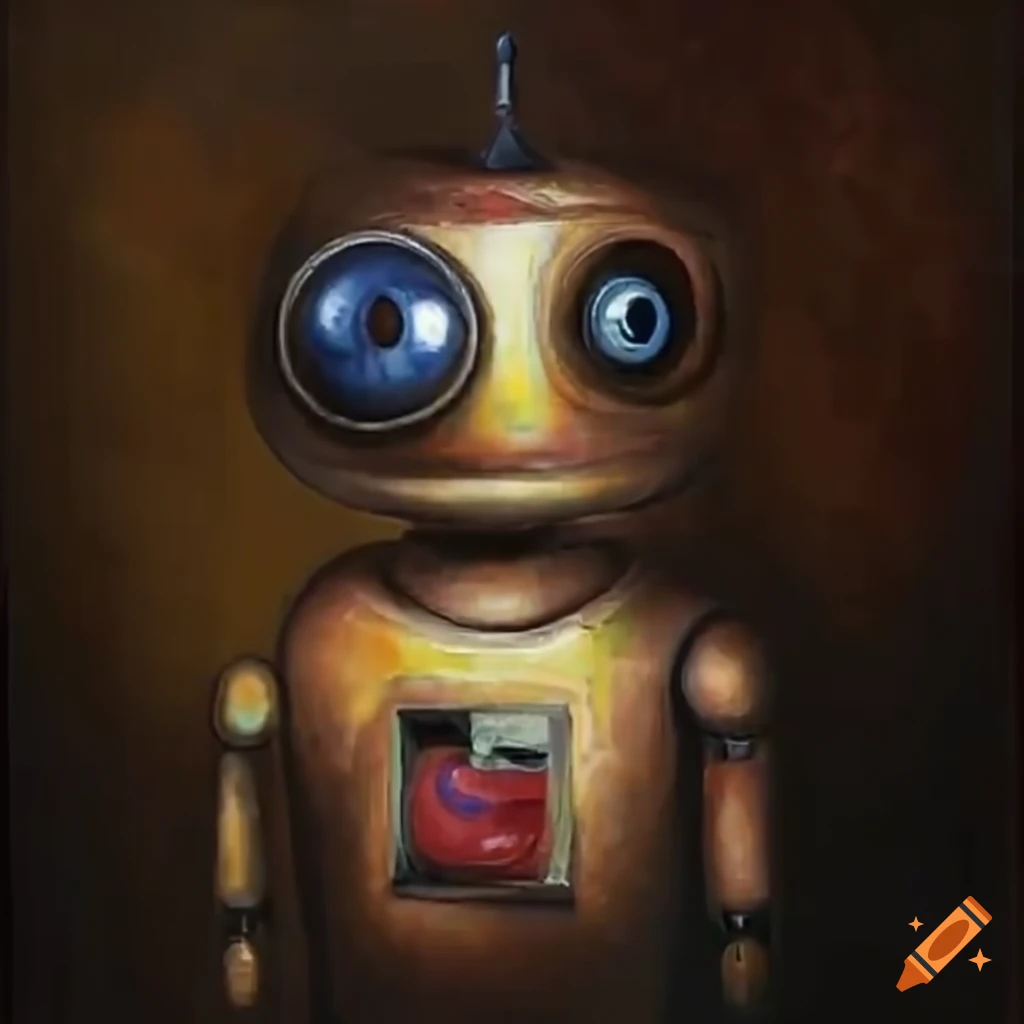 Cute cyclopean robot entering a museum from the past with whimsical ...