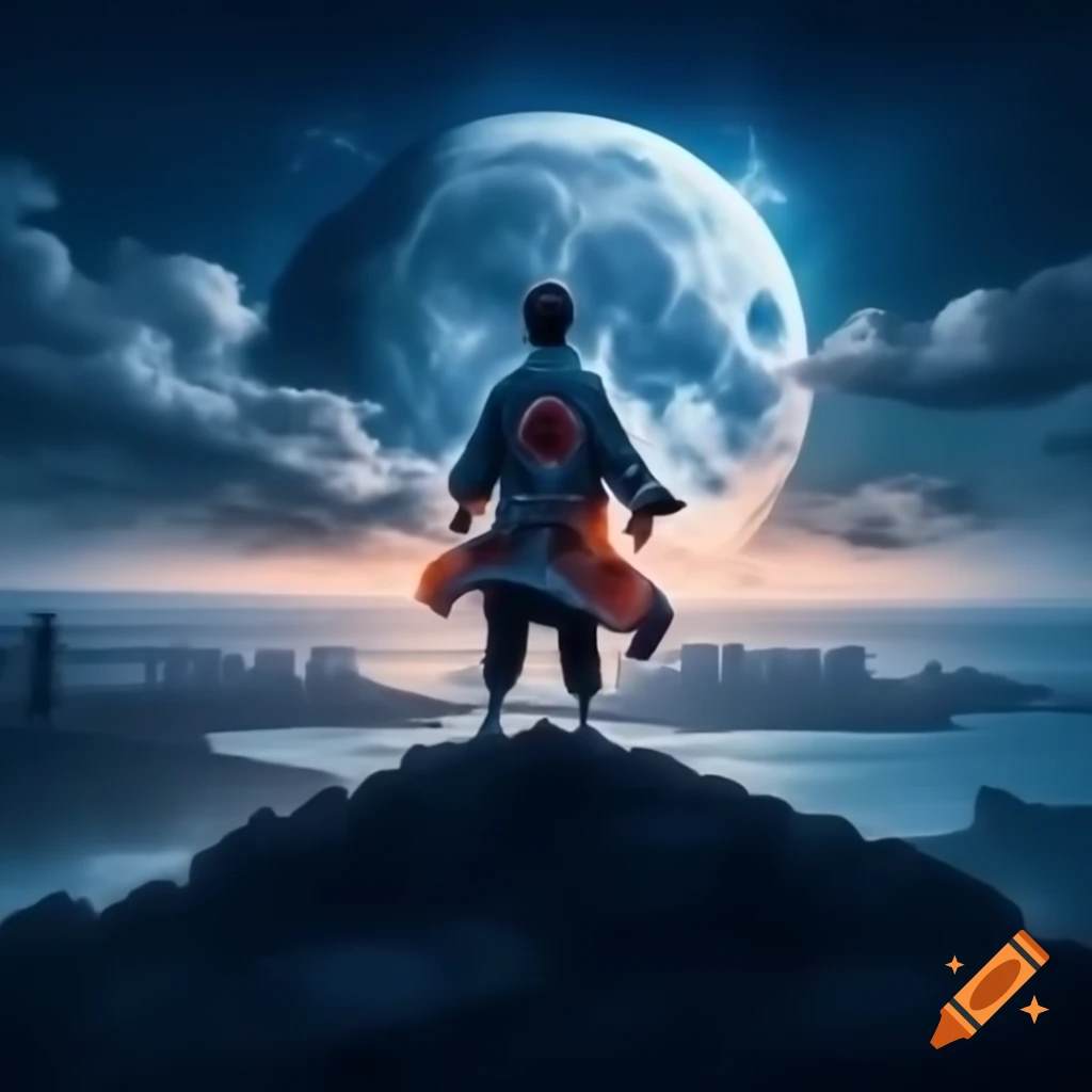 Man on cliff with orange chakra gazing at skyscrapers and sharingan ...