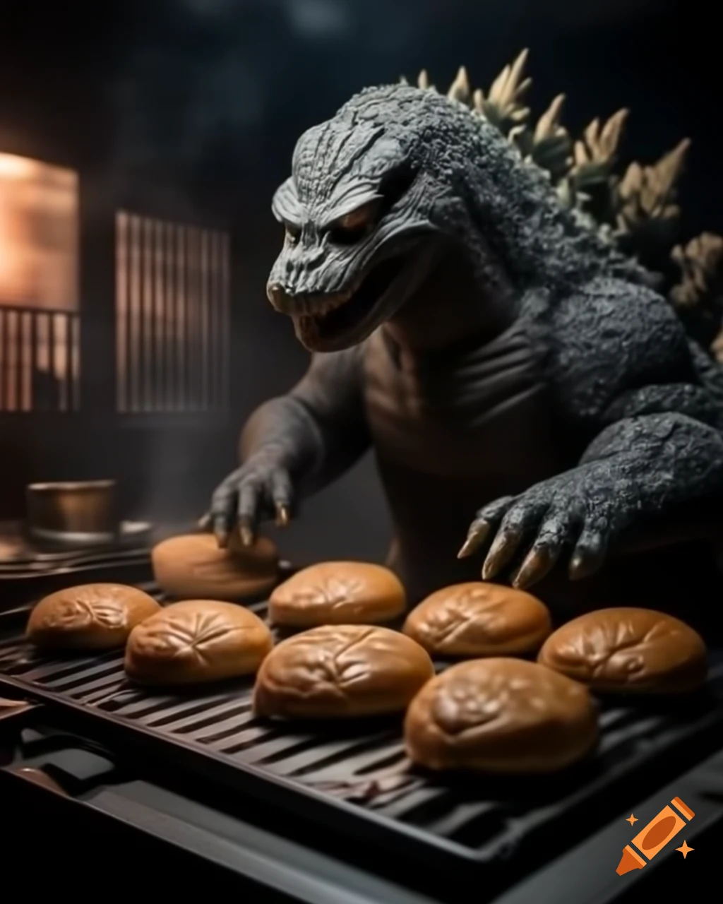 Godzilla cooking burgers in a Japanese kitchen, realistic photography ...