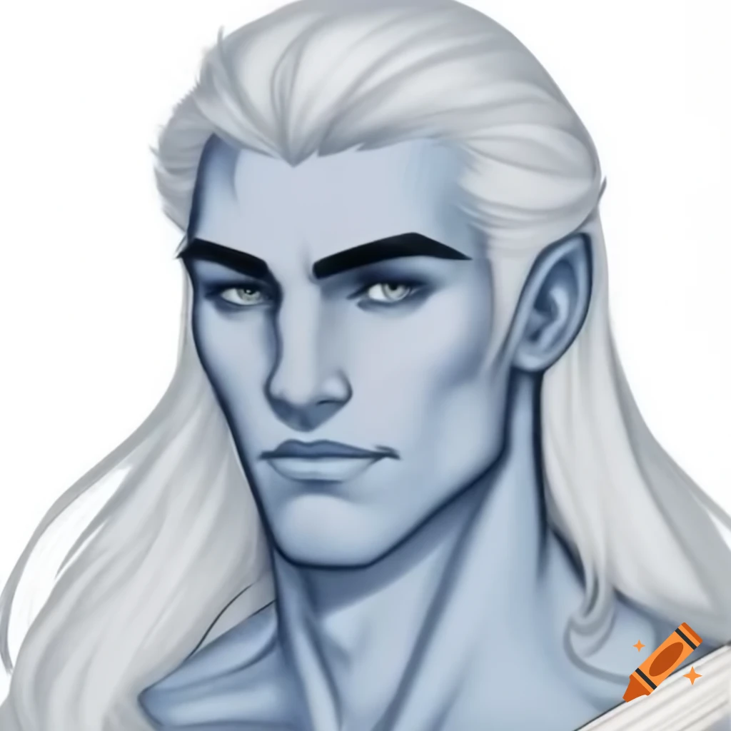 Portrait of muscular male air genasi with light blue skin and white ...