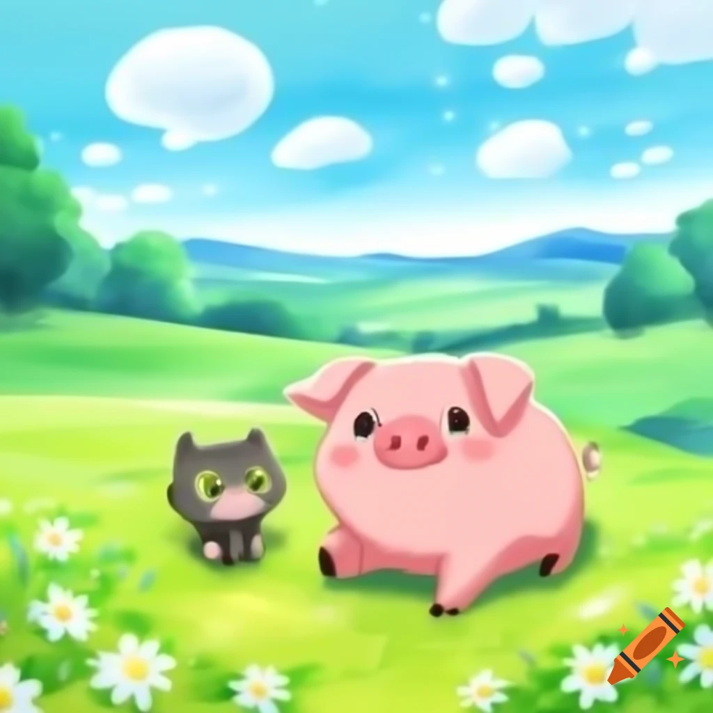 Chibi pig and cat in scenic countryside, classic anime illustration on ...