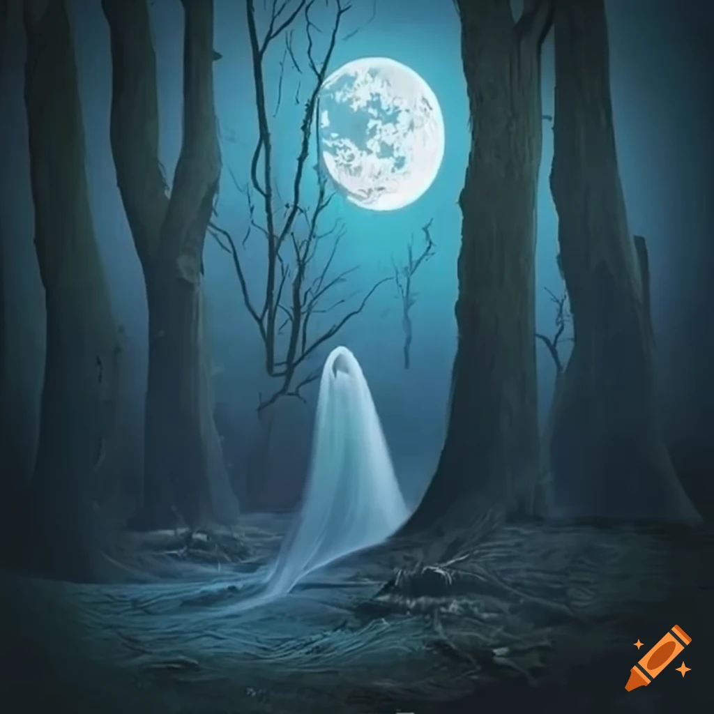 Ghost hiding behind a textured tree in a moonlit forest on Craiyon
