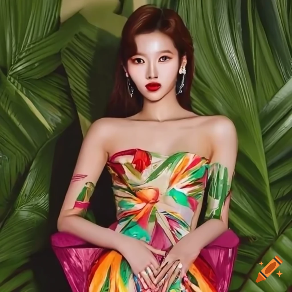TWICE Sana in a Tropical Paradise inspired outfit with vibrant prints and colors on Craiyon