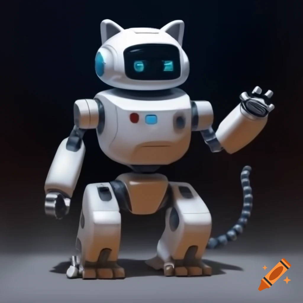 Full-length portrait of an anthro cat robot with a white body and ...