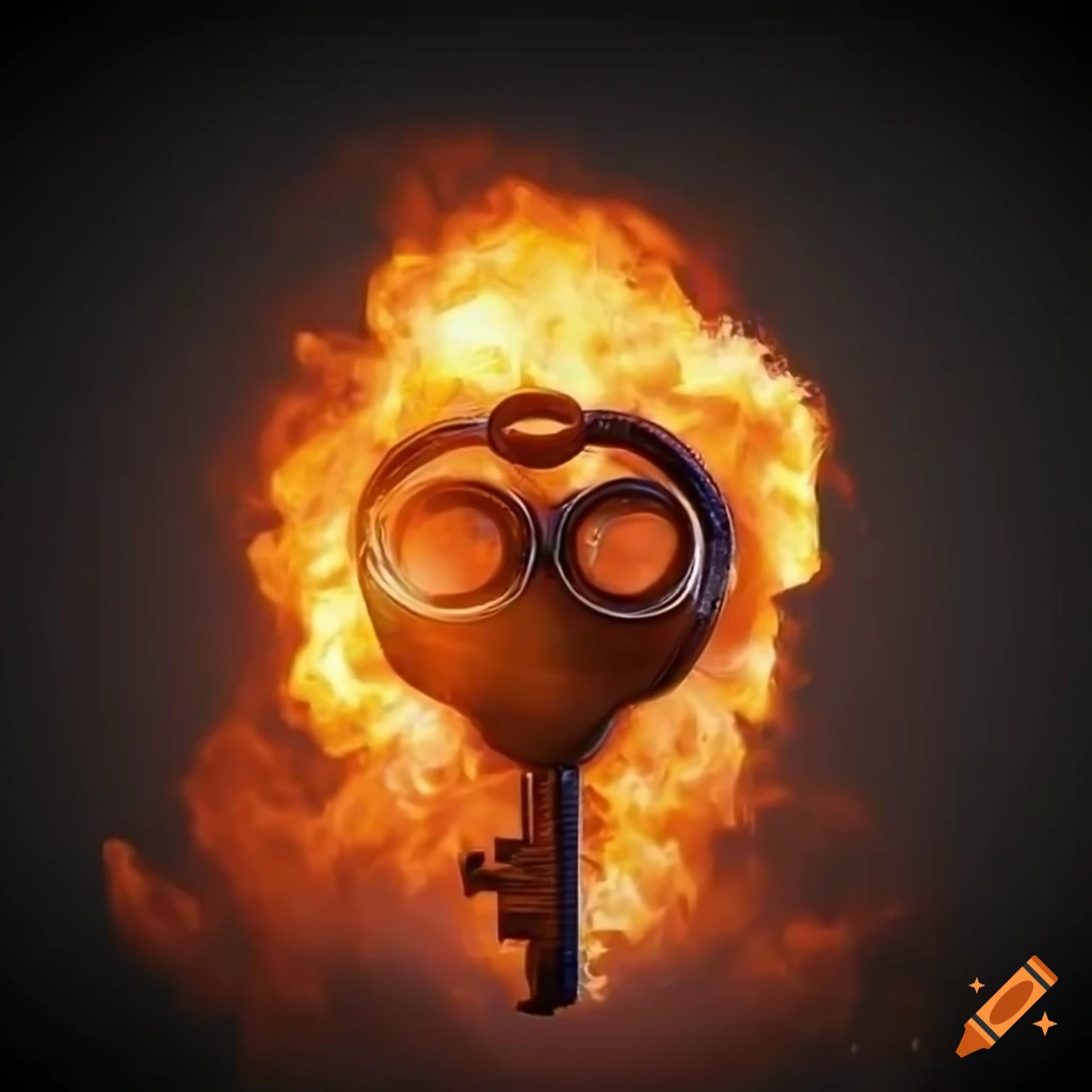 Metal key engulfed in flames on a black background with a massive ...