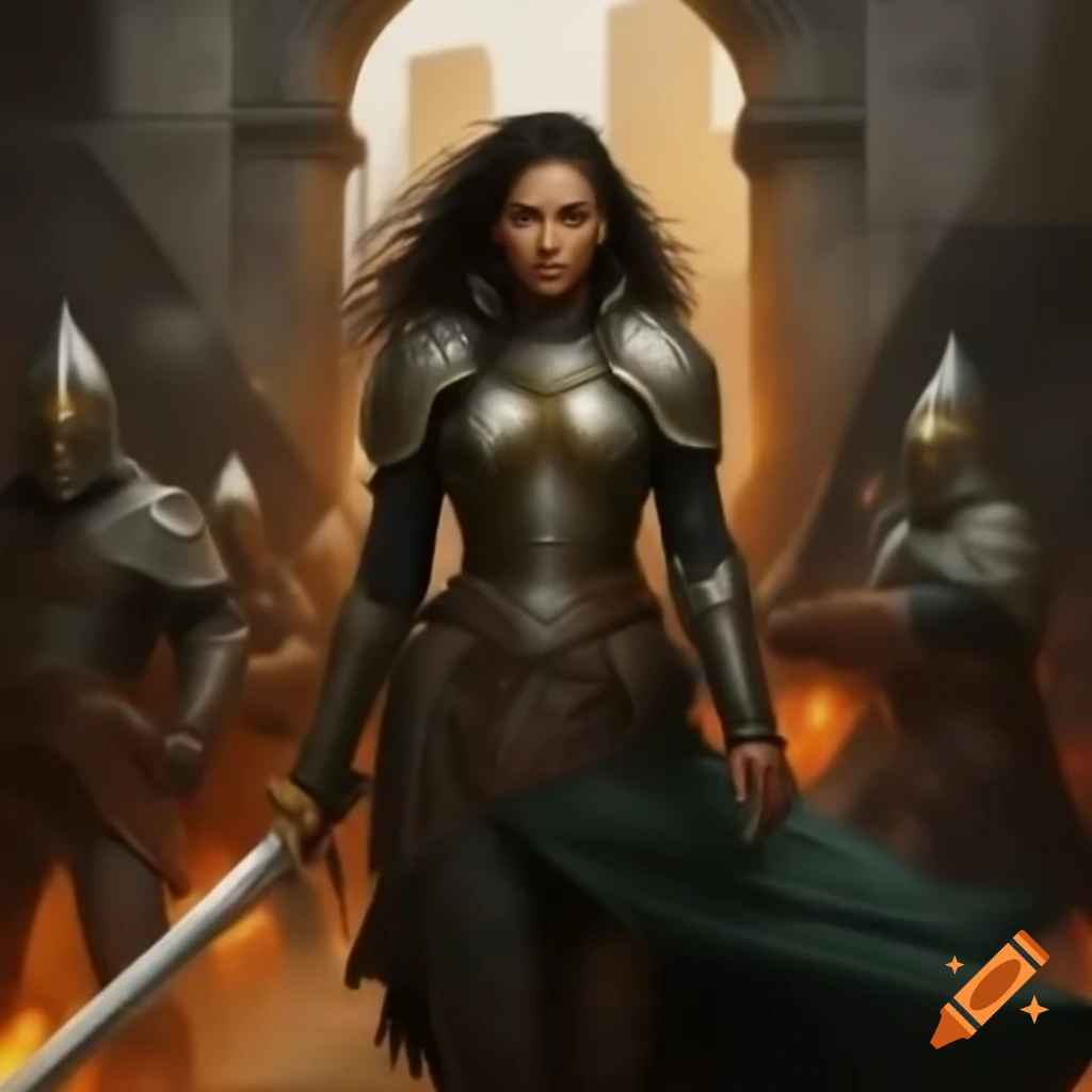 Confident warrior bride in armor charging with fire sword at fortress ...