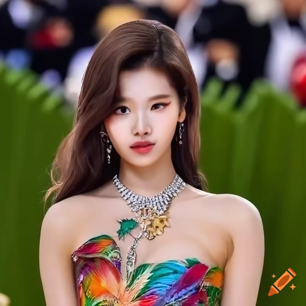 TWICE Sana in a Tropical Paradise inspired outfit with vibrant prints and colors on Craiyon