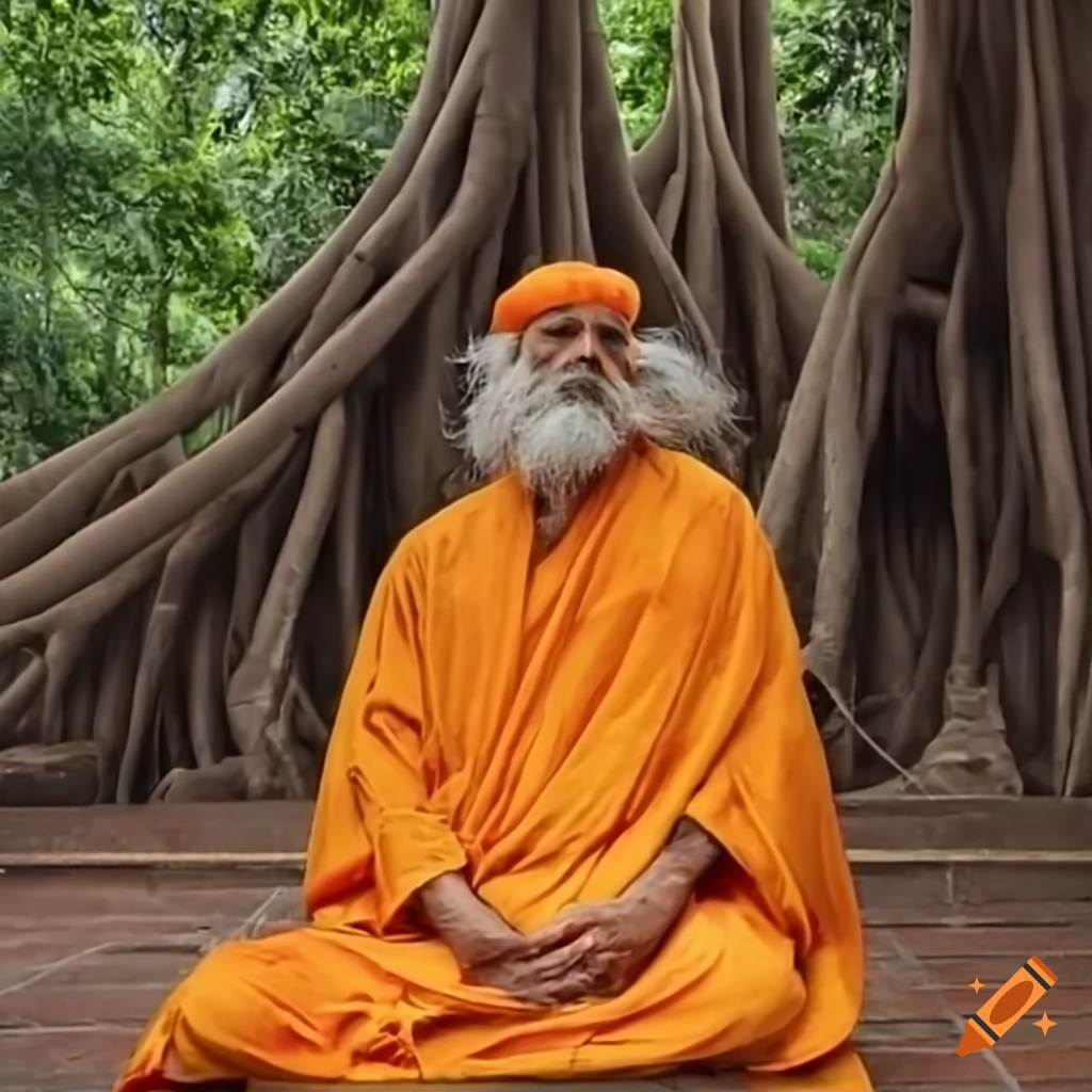 Ancient wise guru sitting under a banyan tree on Craiyon