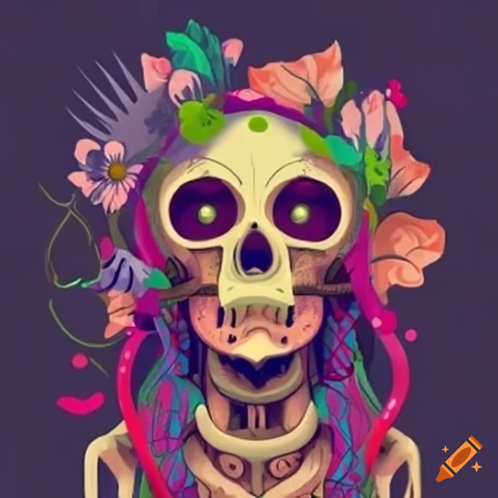 Druid shaman skeleton in astronaut suit surrounded by poppies on Craiyon