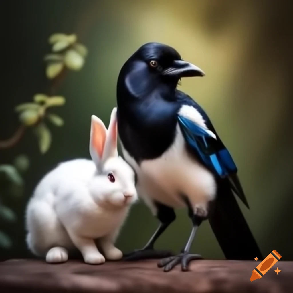 Realistic depiction of a magpie and a white rabbit on Craiyon