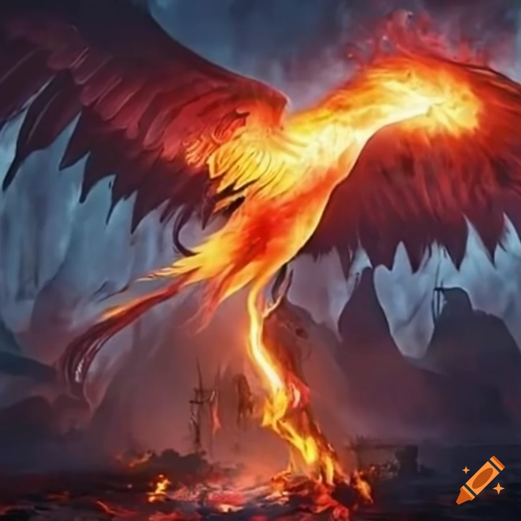 Phoenix rising from nuclear explosion in a fantasy world on Craiyon