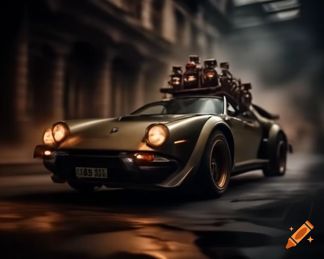 Steampunk lamborghini driven by a man, high detail and dramatic ...