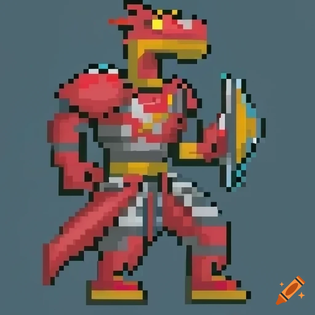 Red dragon humanoid in paladin armor with sword and shield in 8 bit art on Craiyon