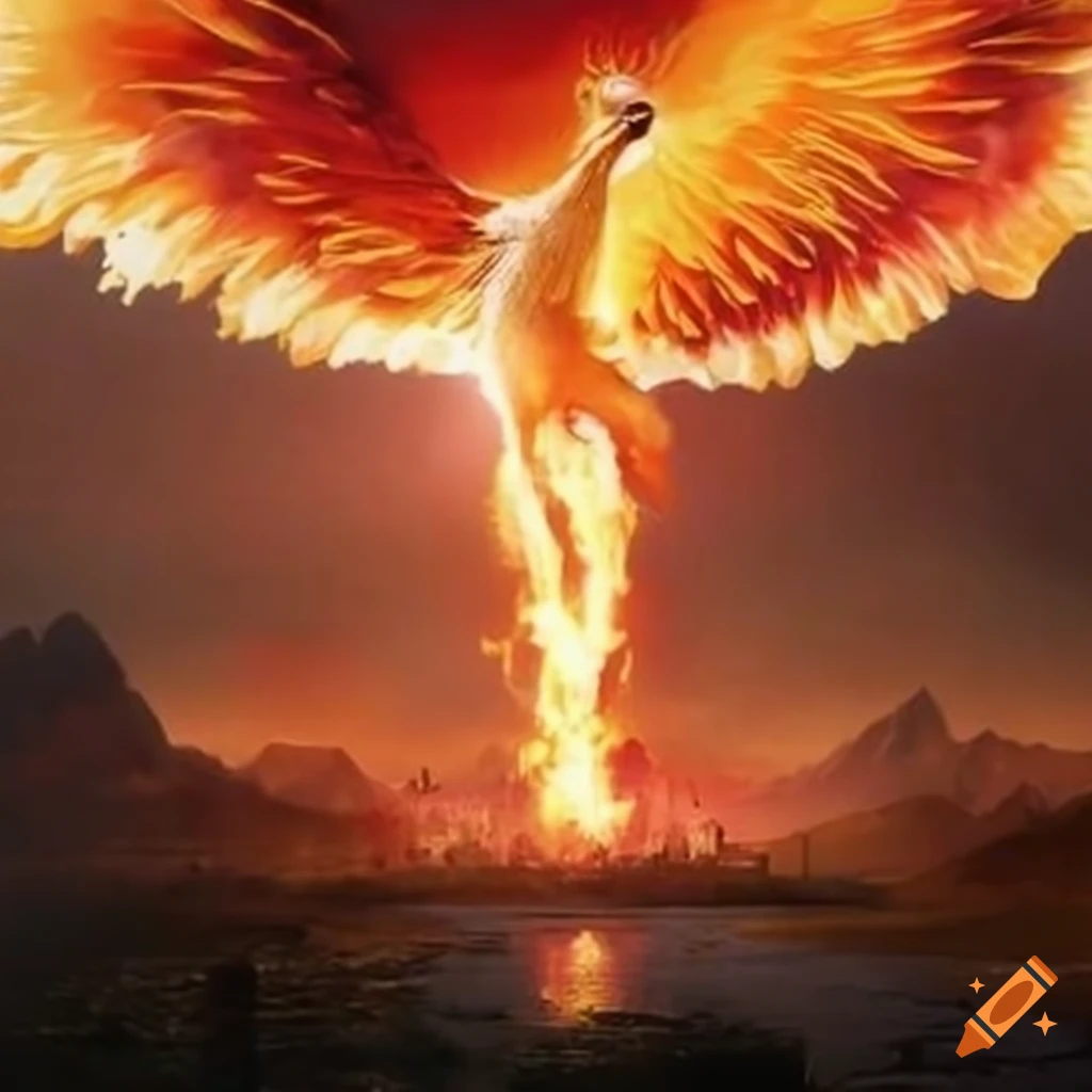 Phoenix rising from nuclear explosion in a fantasy world on Craiyon