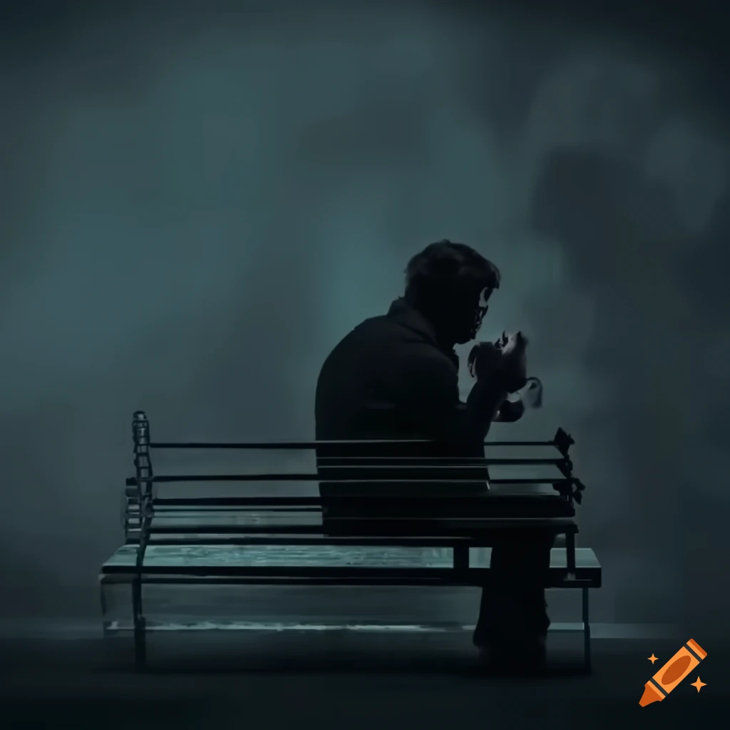 Man sitting on bench in pixelated gloomy scene with smoking camera on ...