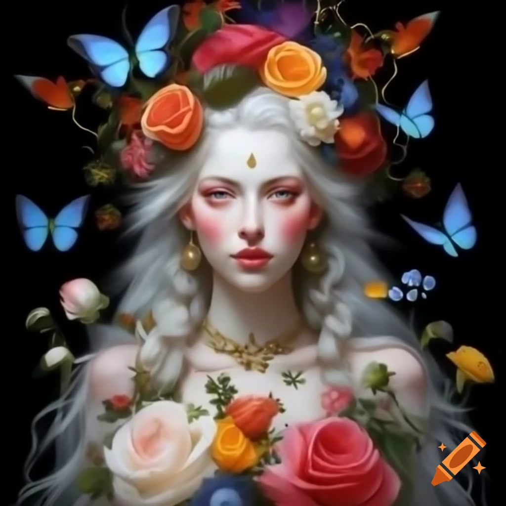 Illustration of a goddess surrounded by roses, flowers, fruit ...