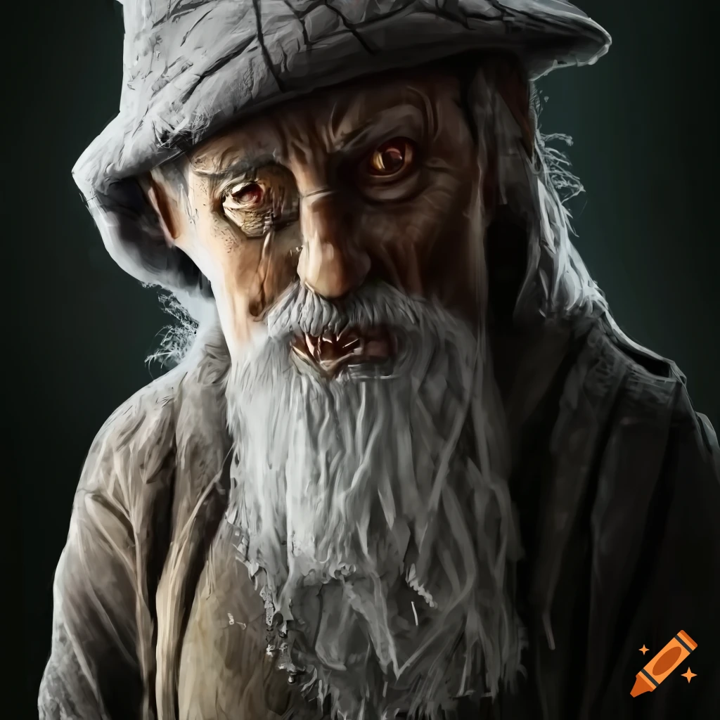 Concrete wizard in grey tunic and hat with transforming hand on Craiyon