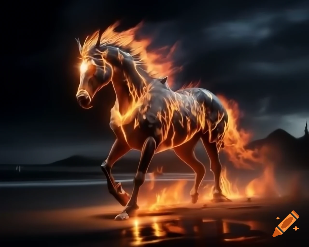 Fire horse made of flames walking on a beach at night, dark fantasy art on Craiyon