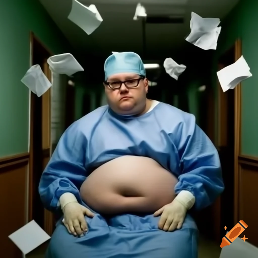 Overweight man in tight surgical scrubs running down corridor on Craiyon
