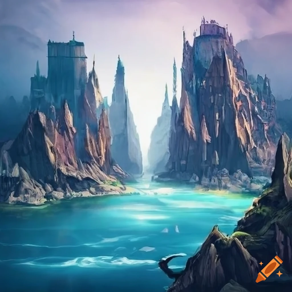 Fantasy city built into mountain cliffs overlooking a river on Craiyon