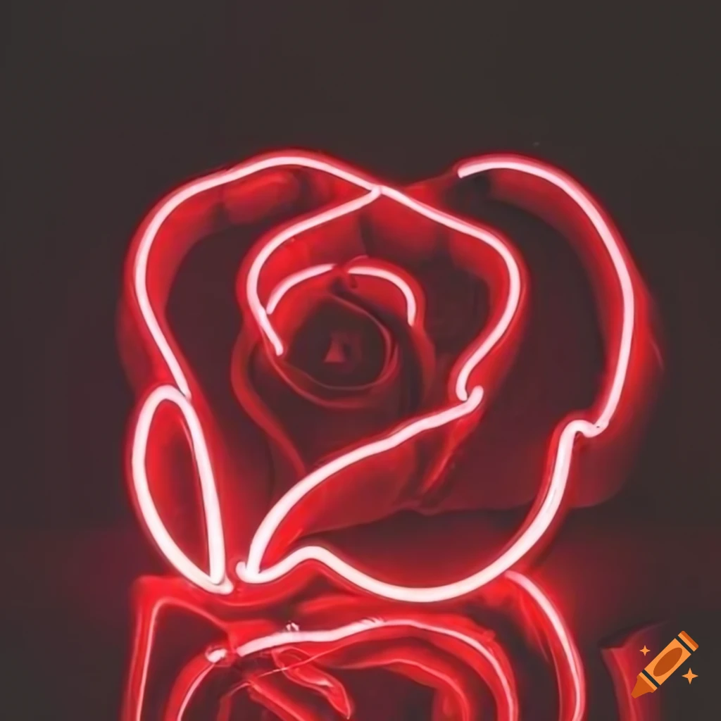Red neon rosebud sign glowing on black mirror surface on Craiyon