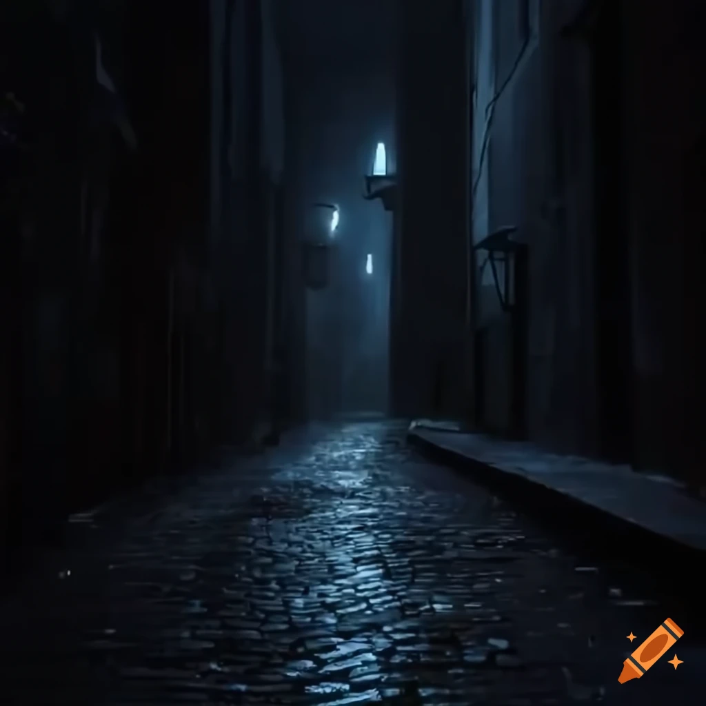 Eerie night scene of a dark alleyway in an urban city during heavy rain ...