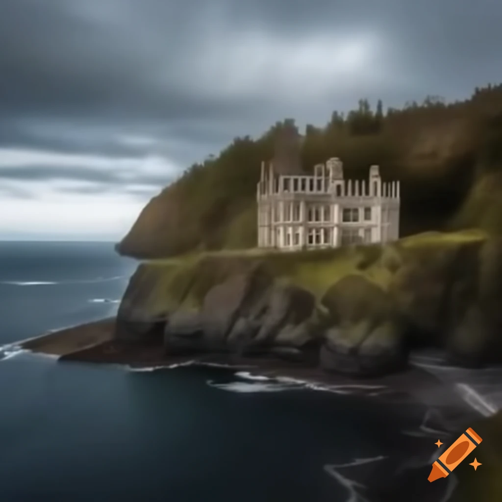 Ancient house on rugged cliffs of northern scotland with sea waves on ...
