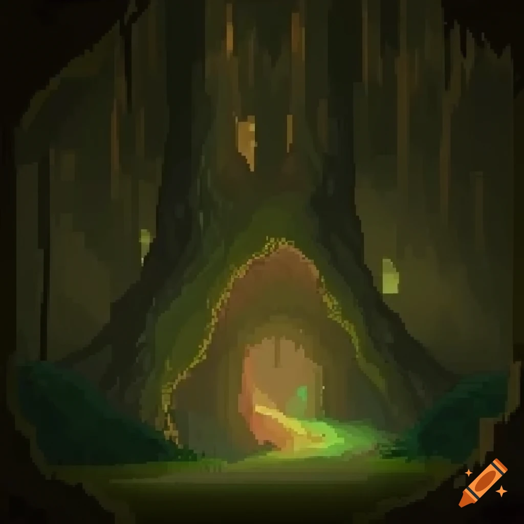 Realistic 2d hd pixel art of a forest underground cave in a ...