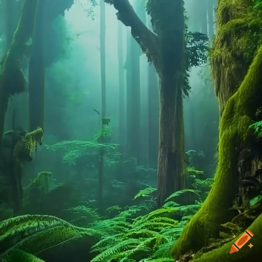 Misty forest in cockpit country with ancient trees and ferns under sunlight on Craiyon