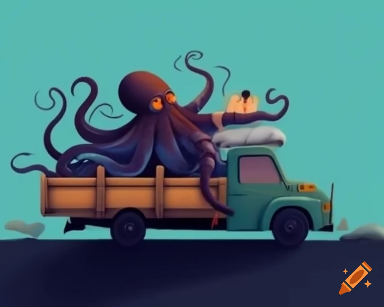 Truck transporting an octopus on its roof on Craiyon