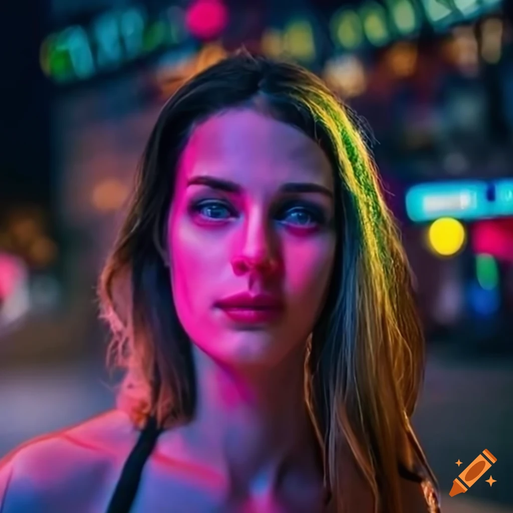 Vibrant cityscape portrait of a woman in a neon-lit night scene on Craiyon