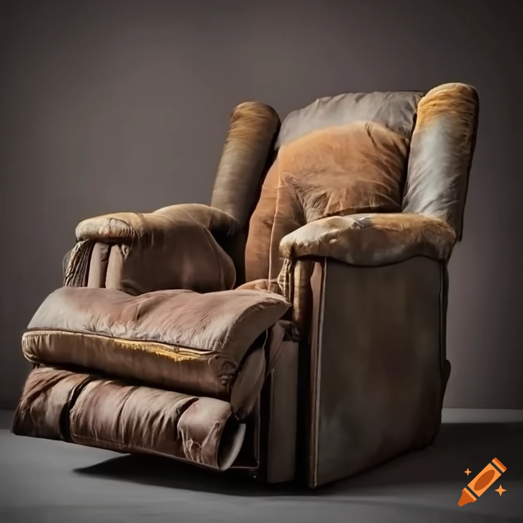 Old, worn-out riser recliner chair with a cat in a living room on Craiyon