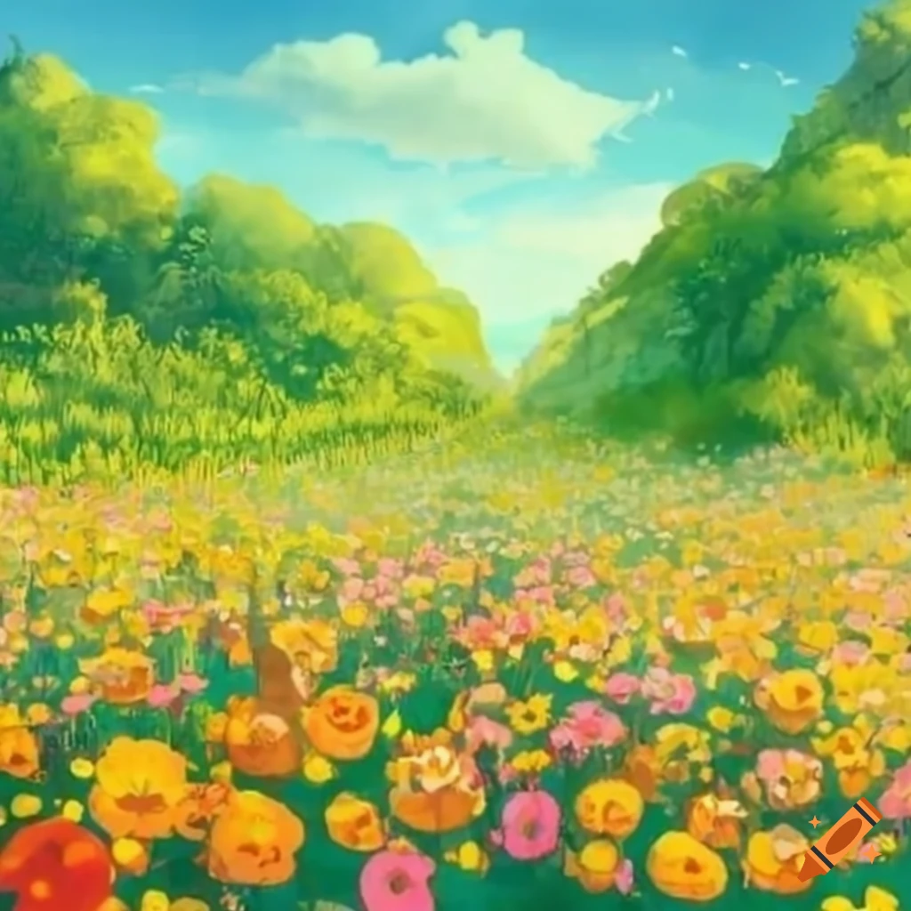 Scenic flower field from studio ghibli anime on Craiyon