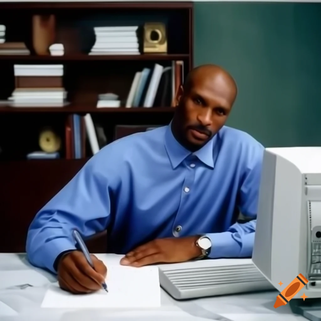 Michael Jordan writing thesis at marble desk with 90s computer on Craiyon