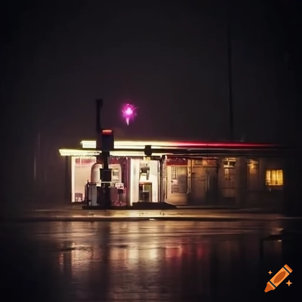 Eerie nighttime scene of a gas station in an urban city during heavy rain on Craiyon