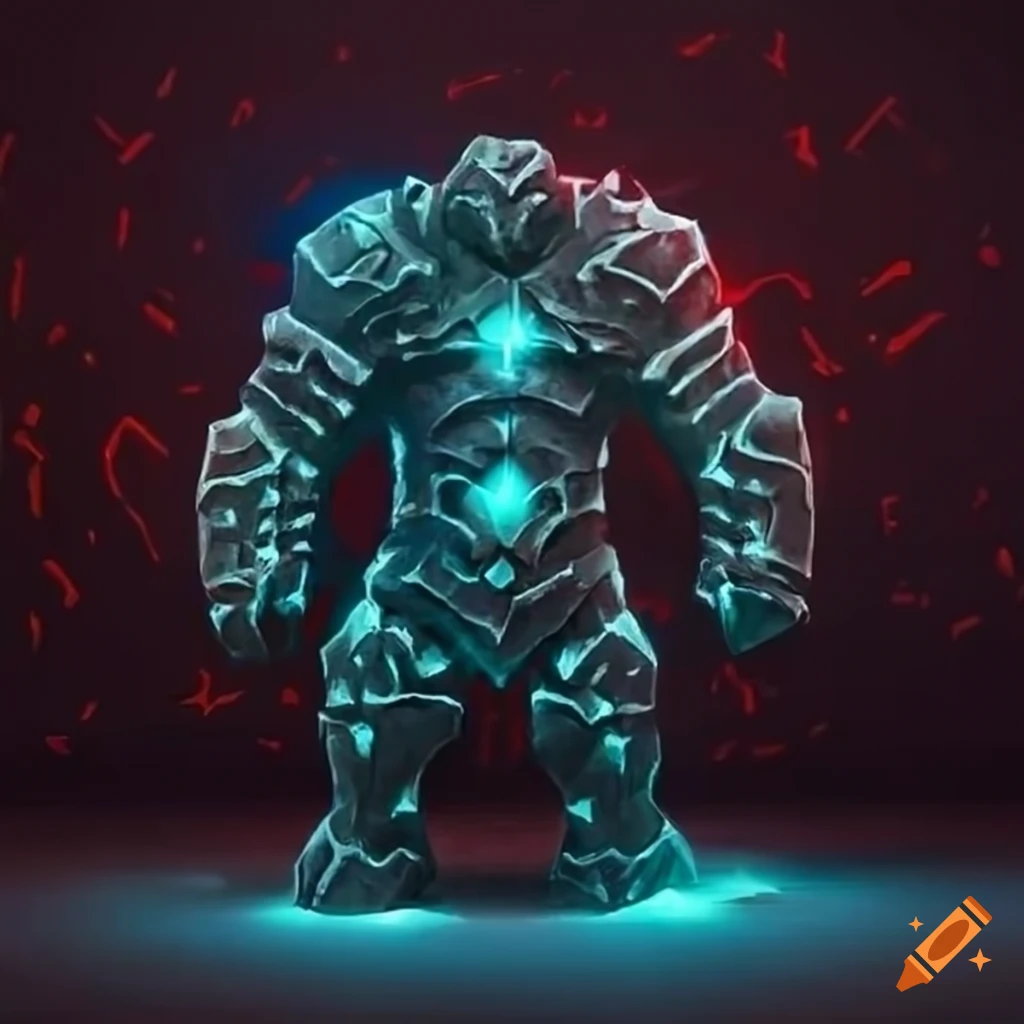 Warrior golem made of black stone with glowing red runes on Craiyon