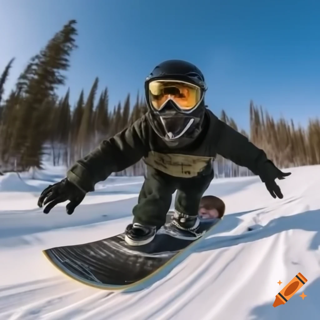 Snowboarder performing tricks in snow, depicted as a monster on Craiyon