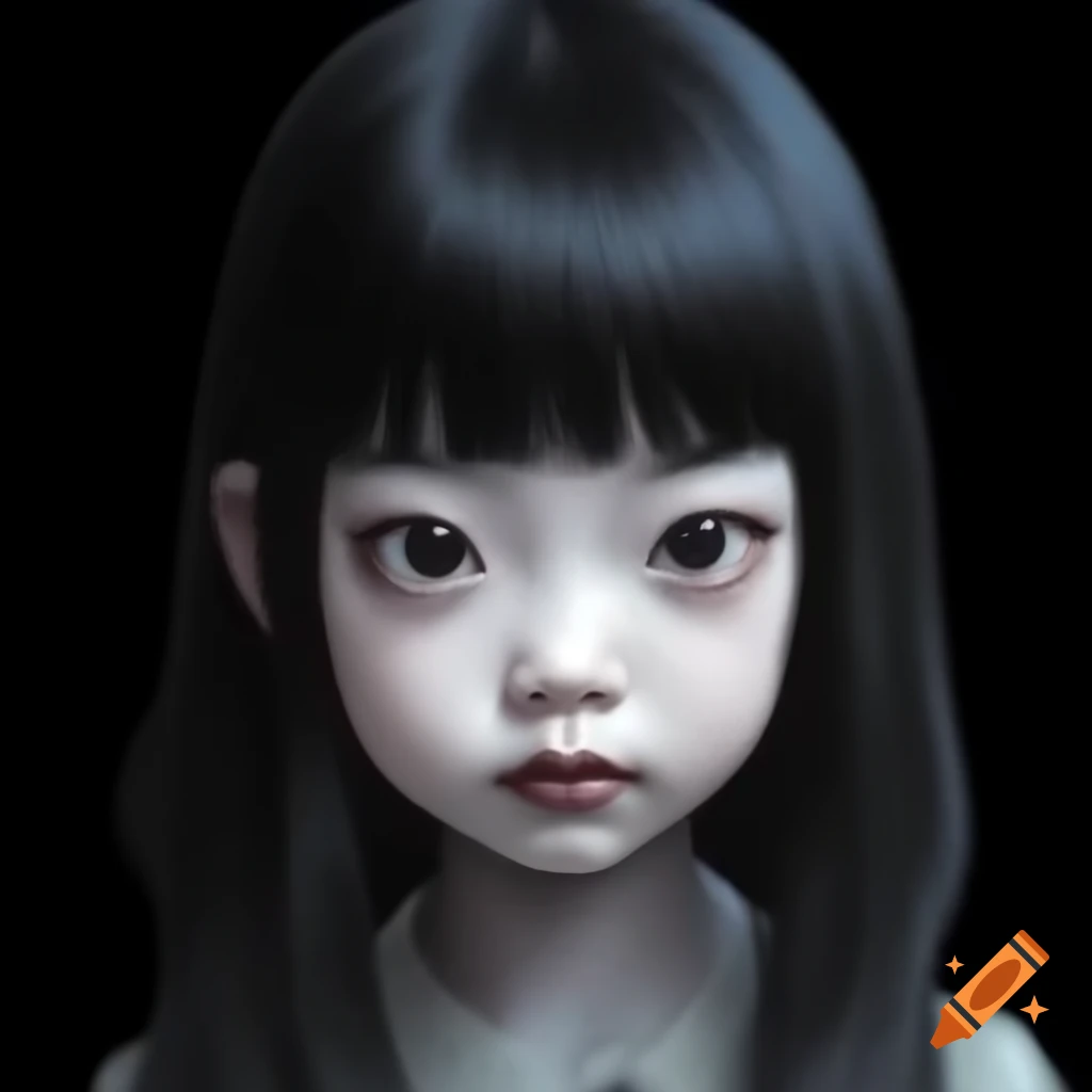 Realistic depiction of Tomie by Junji Ito with large eyes on a black ...