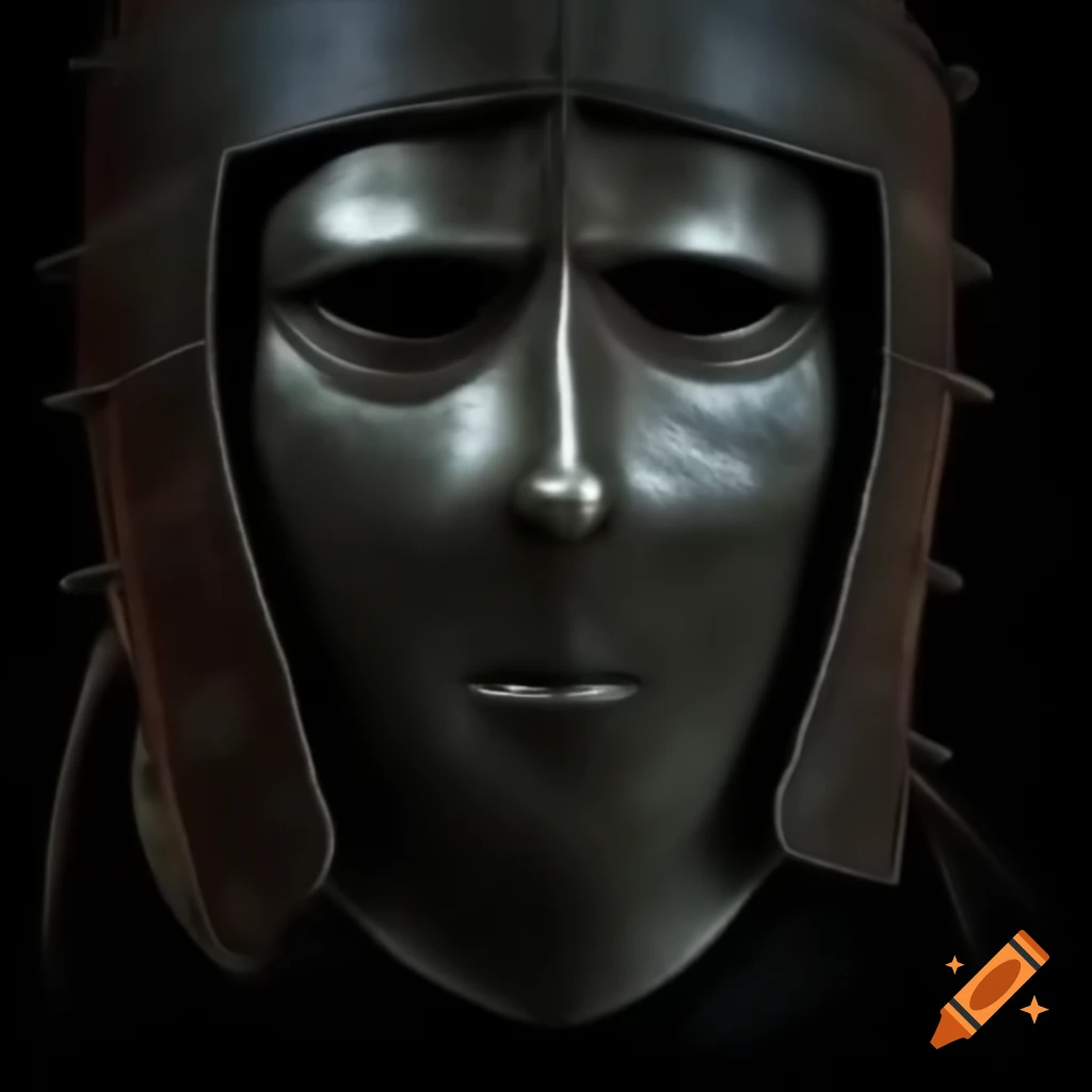 Close-up of ancient medieval helmet with mask-like faceplate on Craiyon