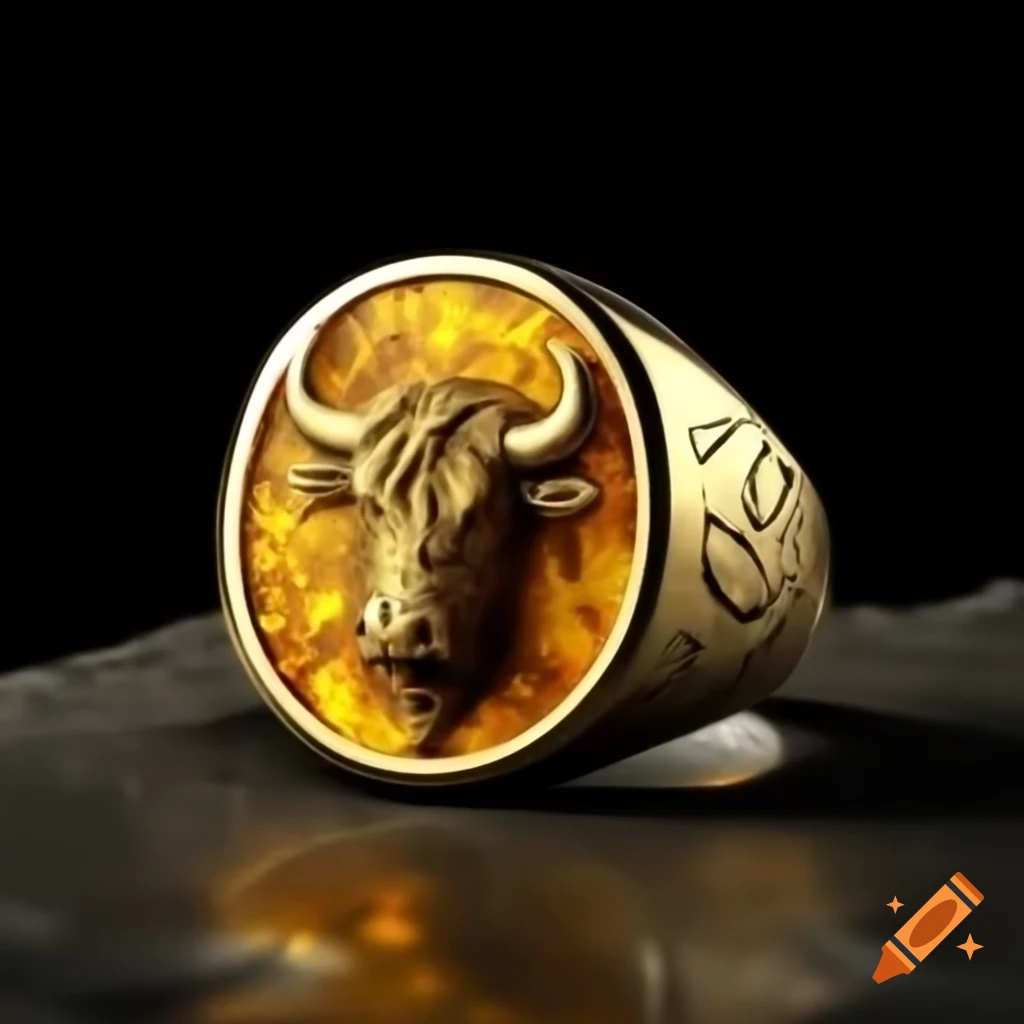 Gold and amber fantasy signet ring featuring an ox design on Craiyon