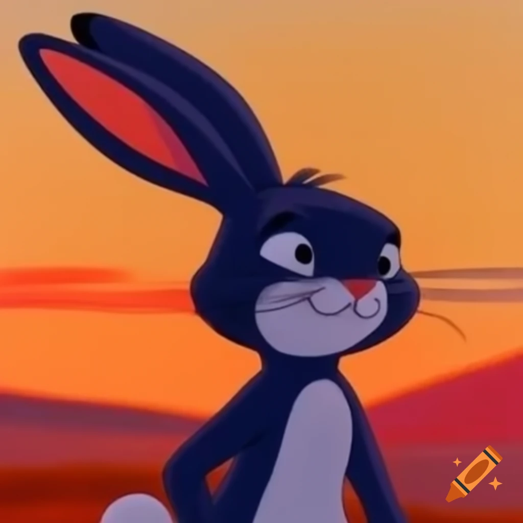 Bipedal rabbit in shy pose, low budget cartoon, sunset colors on Craiyon