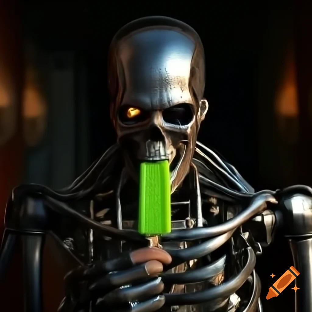 The Terminator character enjoying a bright green popsicle in well-lit ...