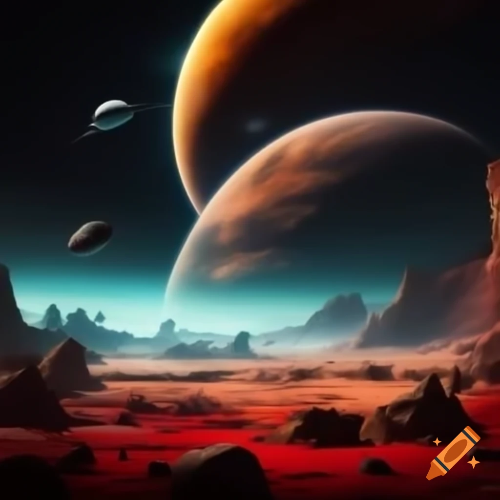 Red planet surface with crashed spaceship and unusual yellow and green ...