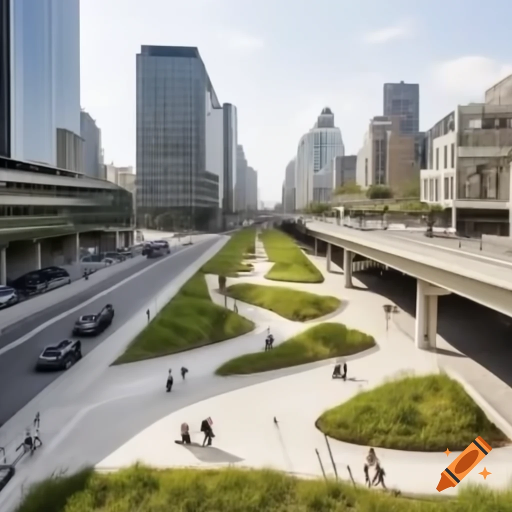 Modern urban highway with parks and pathways for pedestrians and ...