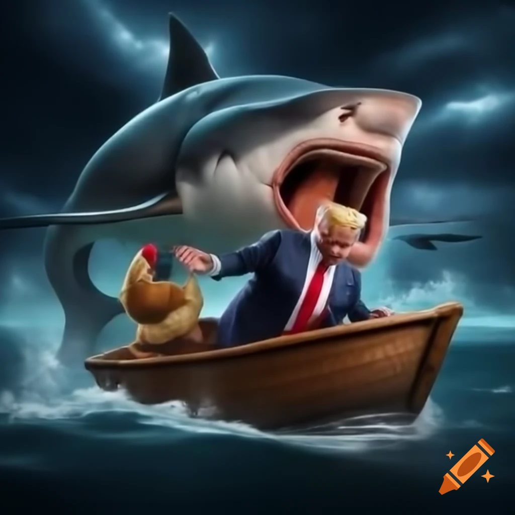 Satirical depiction of trump as frightened chicken in boat during ...