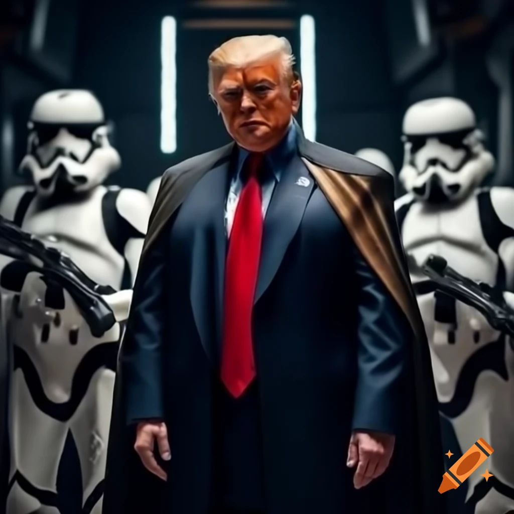 Realistic portrayal of Donald Trump as a Sith Lord with stormtroopers ...