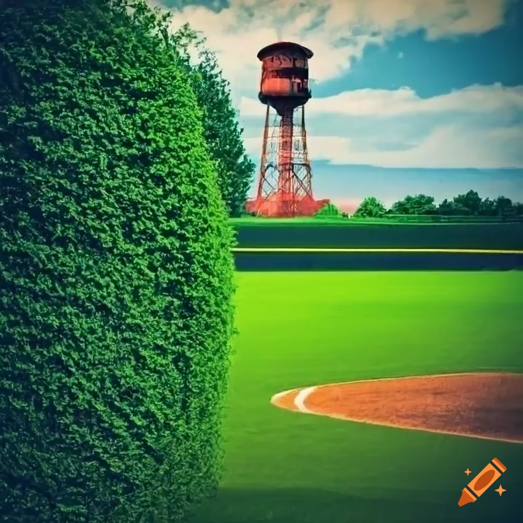 Baseball field with green shrub-covered outfield fence and water tower ...