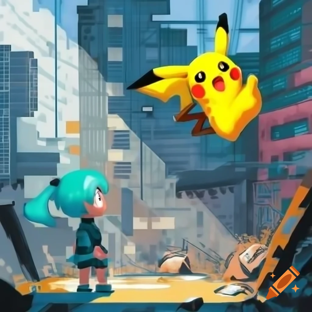 Giantess Miku Hatsune stomping Pikachu in destroyed Tokyo, retro pixel ...