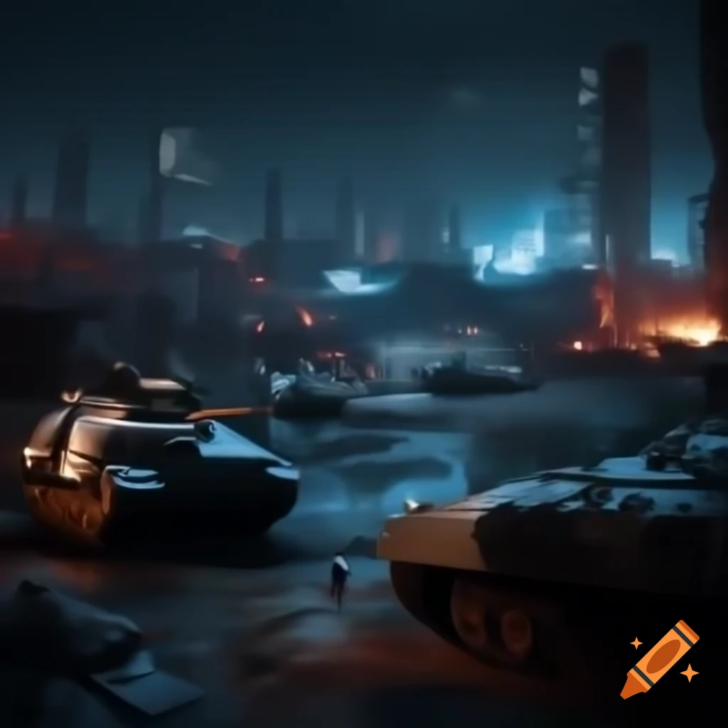 Post-war battlefield in nyc with human fighters battling ai-controlled ...